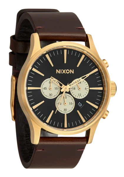 Nixon - Sentry Chrono Leather Watch - Gold / Indigo / Brown - Discounts ...